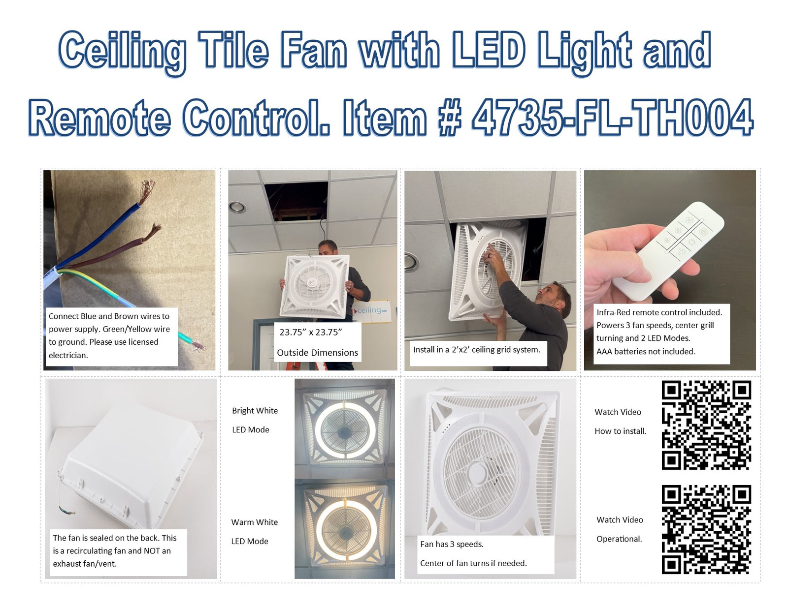 2'x 2' Ceiling Tile Fan/LED Light with Remote | 1800ceiling
